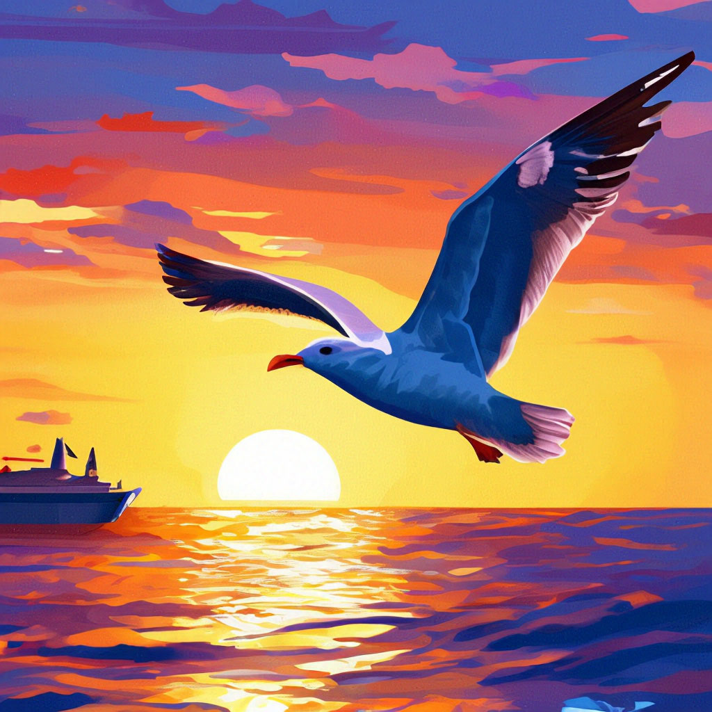 "Create an illustration of a seagull flying over a cruise ship on the ...