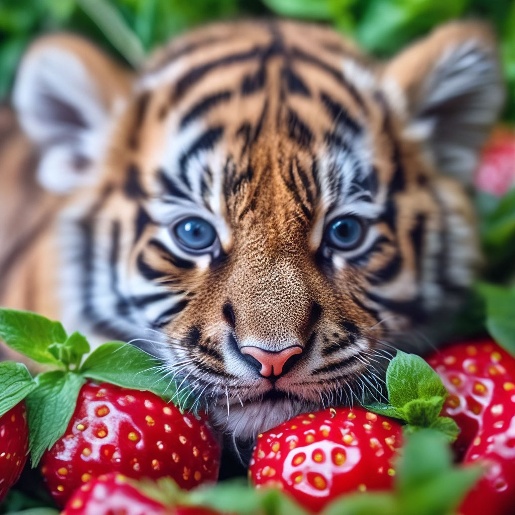 Macro photography. A tiny fluffy tiger cub sleeps in strawberries and m