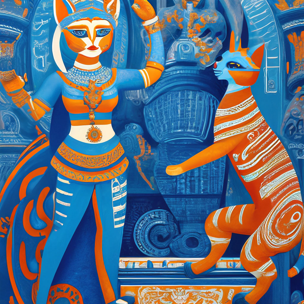 "Surrealism ancient Indian motifs blue and blue striped A cat dances ...