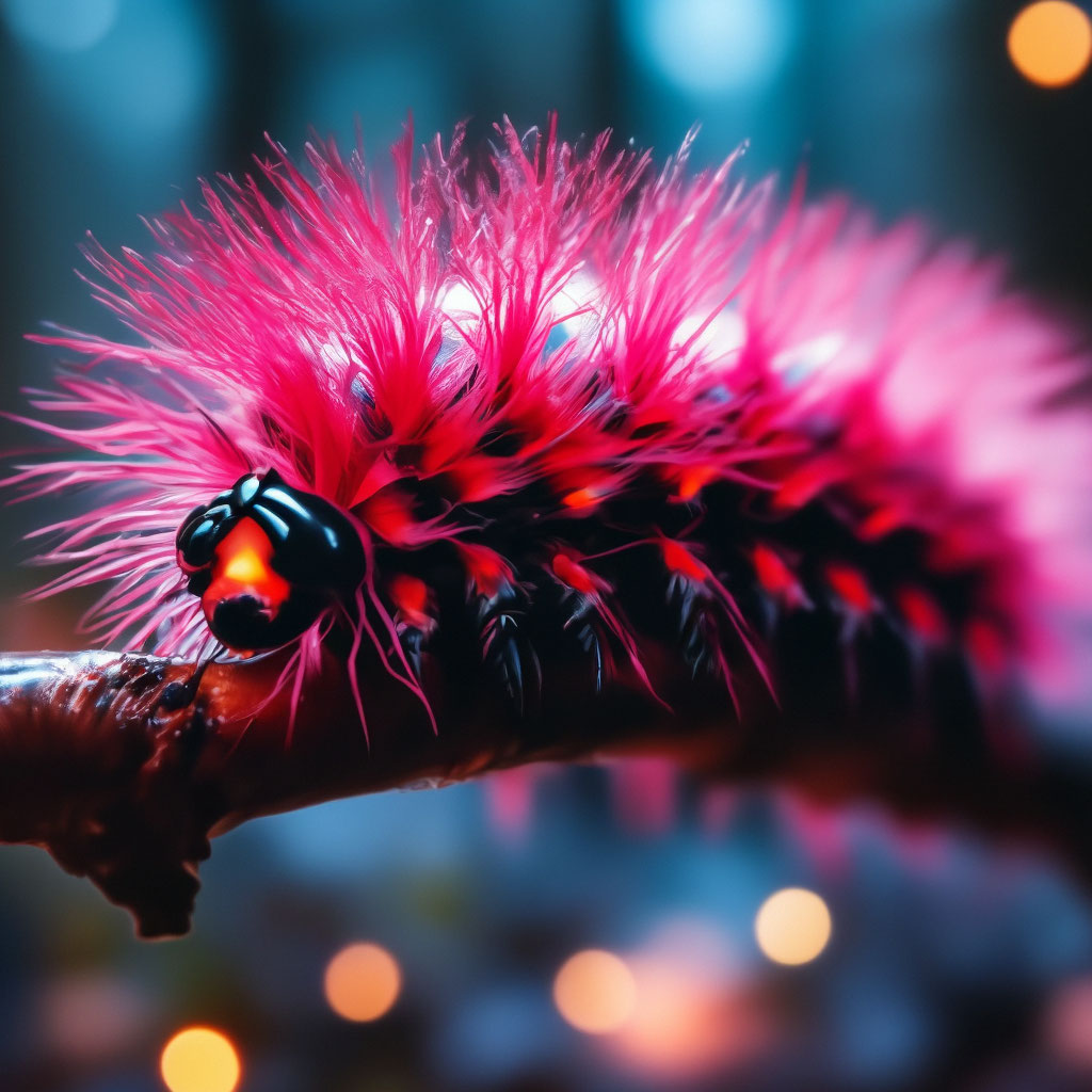 "An ultra-fluffy neon fluorescent caterpillar on an intricate red twig ...