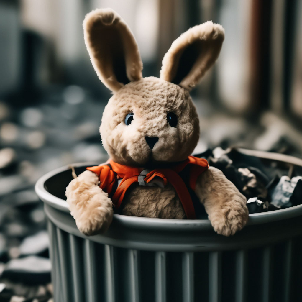 "A toy rabbit in the trash" — image created in Shedevrum