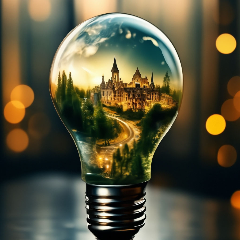 "A glass bulb inside a fairy-tale city light bulb" — image created in ...
