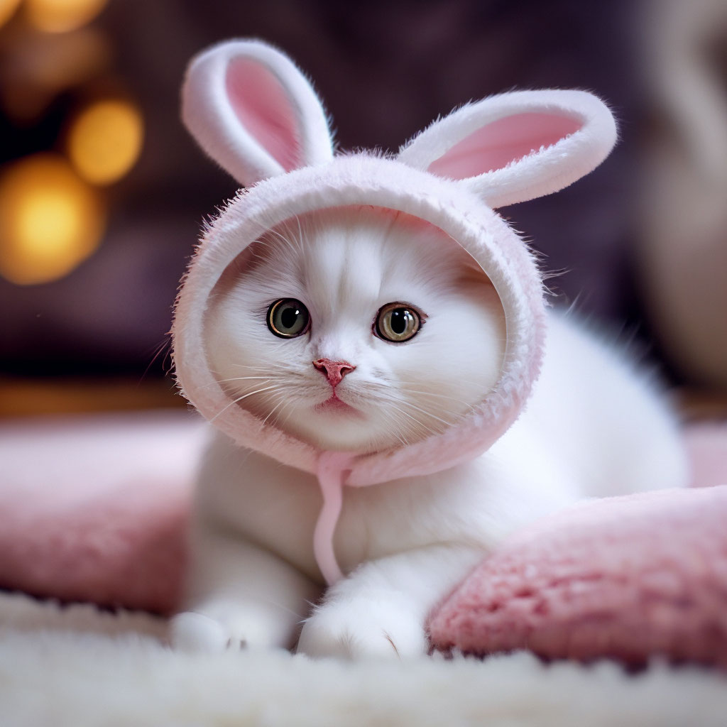 "Cute,fluffy,white mini cat in a bunny hat sitting on the carpet,cute ...