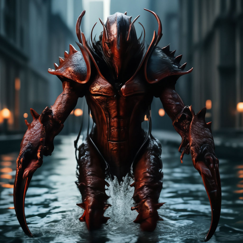 "A humanoid hybrid of a lobster and a human" — image created in Shedevrum