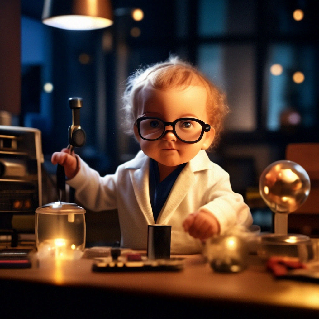 "18+,Baby scientist., realistic high detail, bright lighting." — image ...