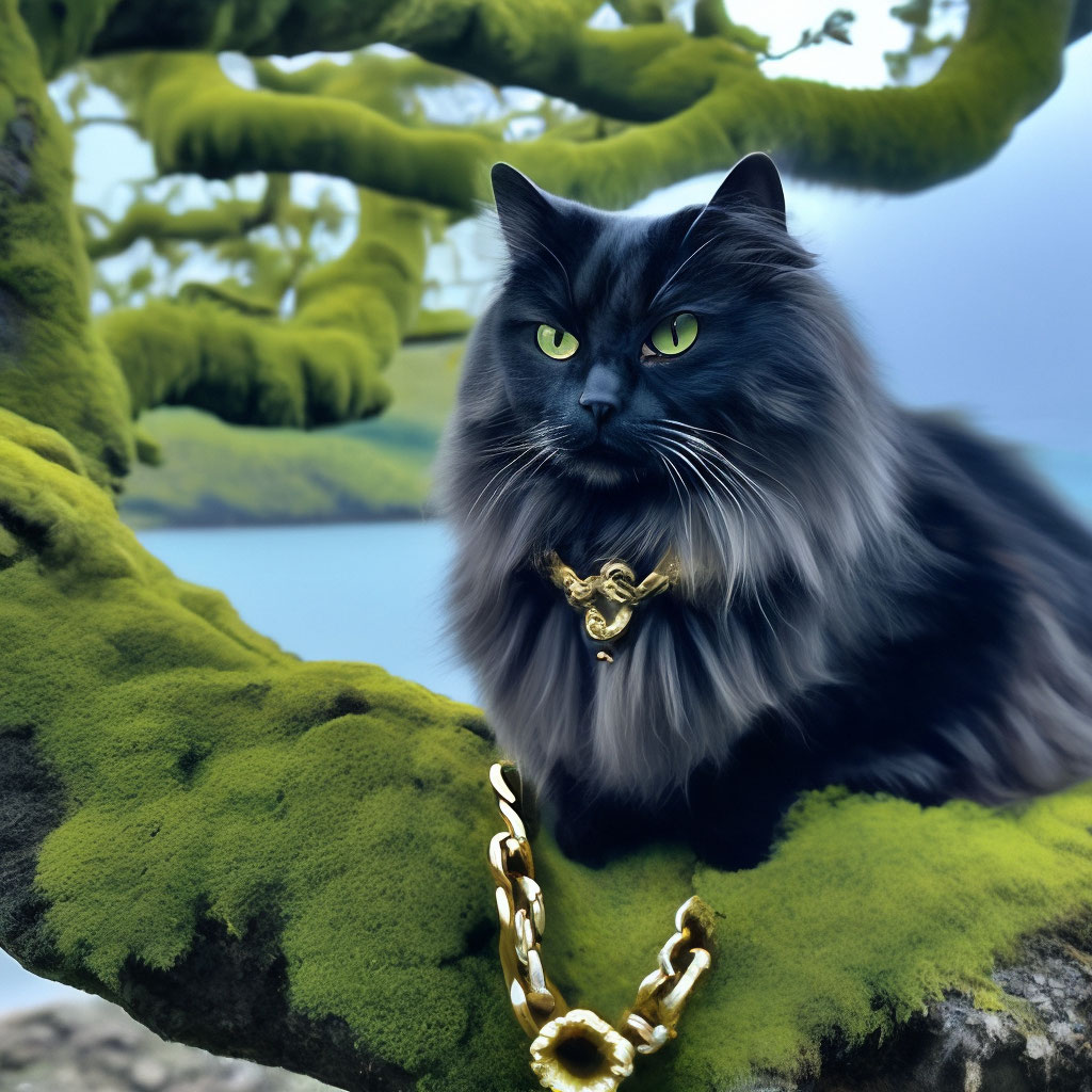 "A black fluffy cat with a gold chain around his neck sits on a green ...