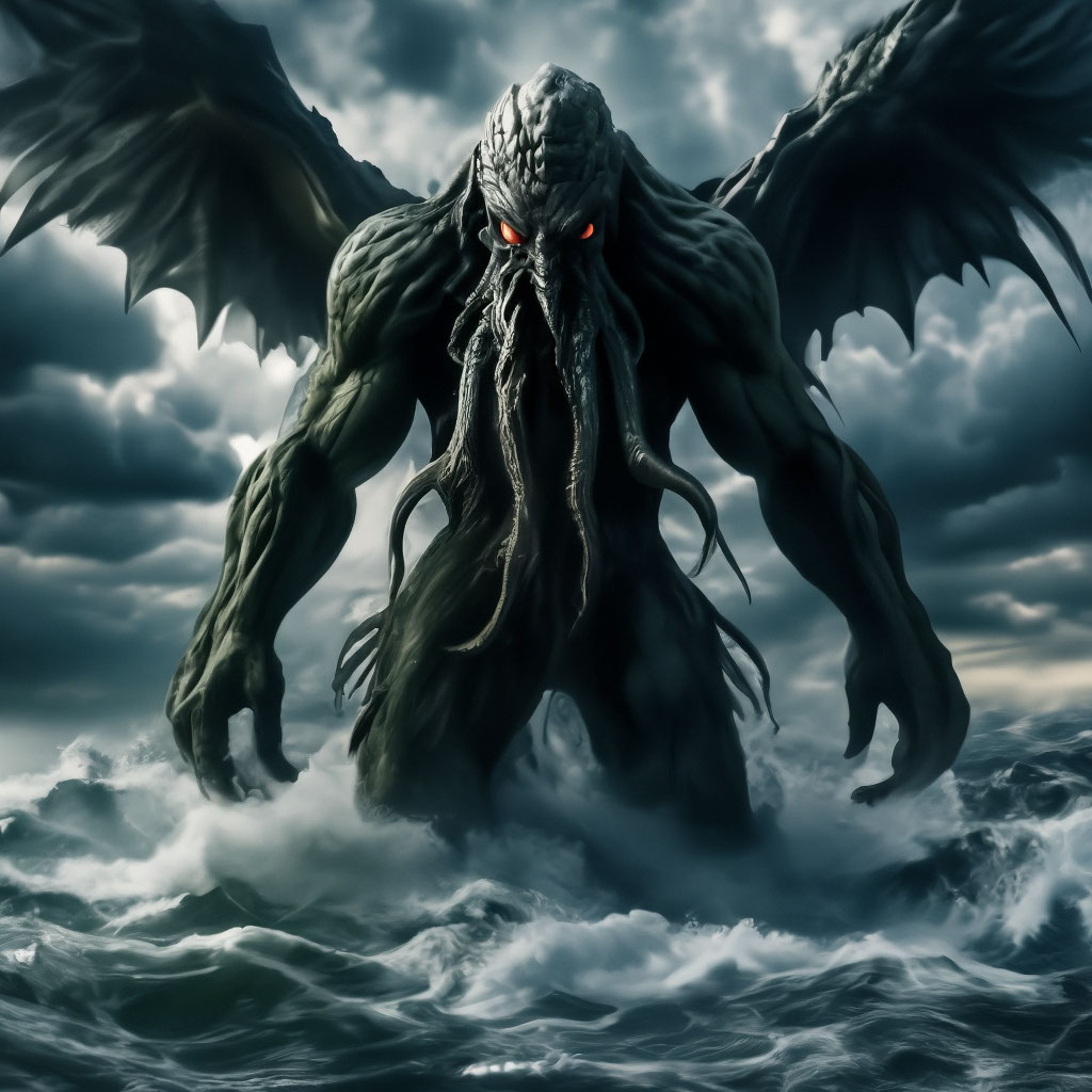 "A giant Cthulhu with wings rises from the depths of the sea ...