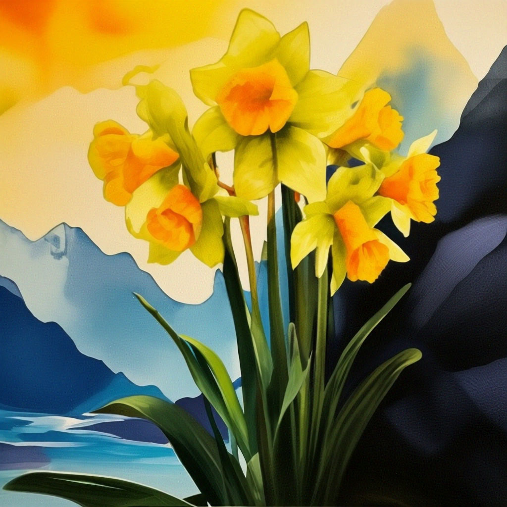 "Daffodils grow on the rock , alcohol ink painting in the style of Rene ...