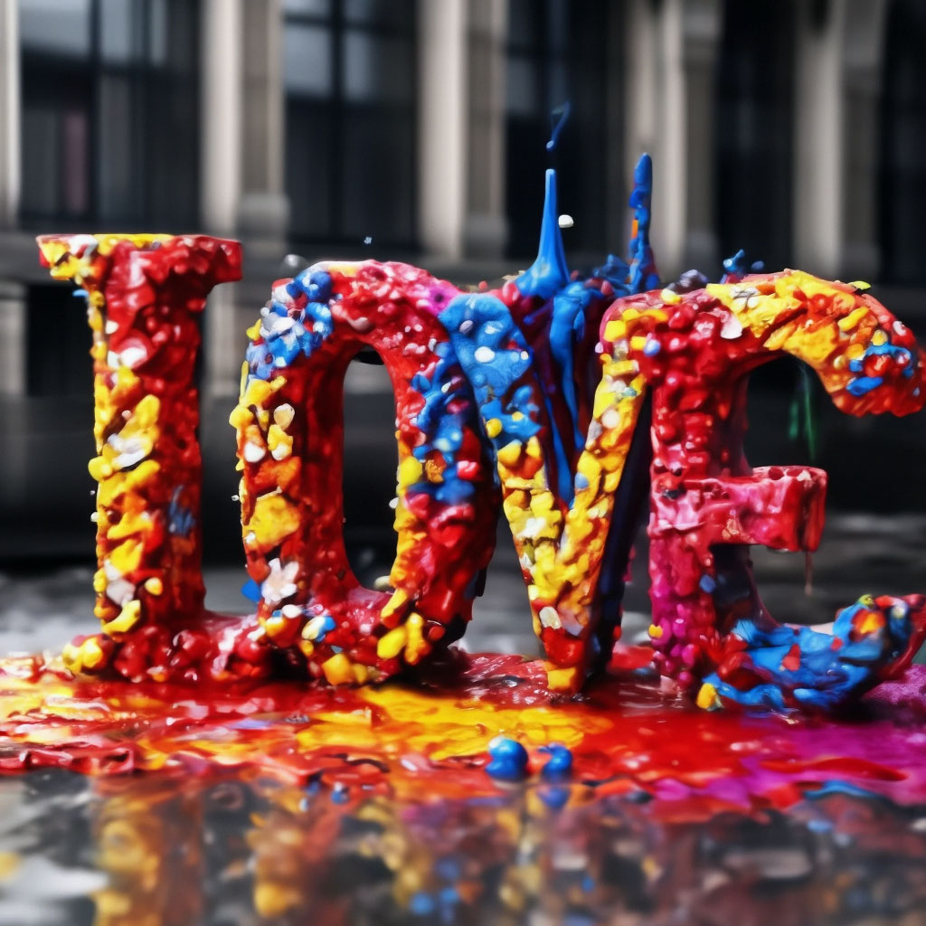"Letters LOVE, text LOVE, explosion of rainbow paint, drops, blots ...