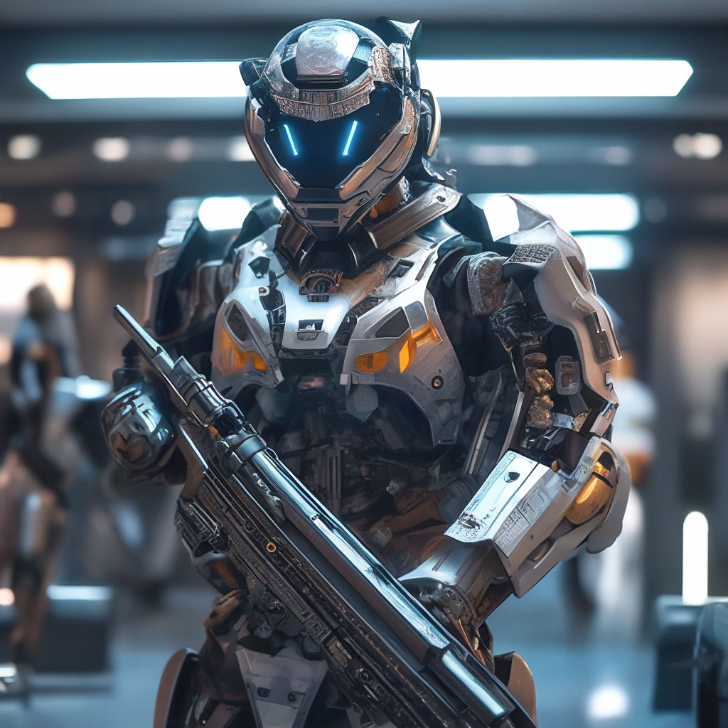 "A man in a full-length exoskeleton with weapons, beautiful ...