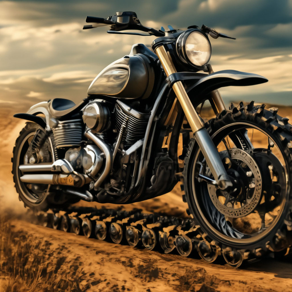 "A motorcycle on a caterpillar track, rides through the field, high ...