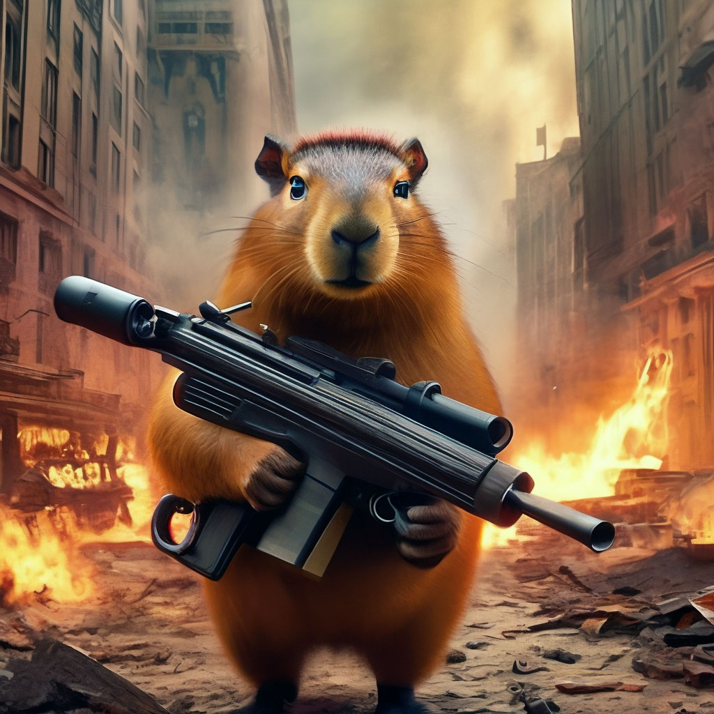 "A capybara with a gun walks through a…" — image created in Shedevrum