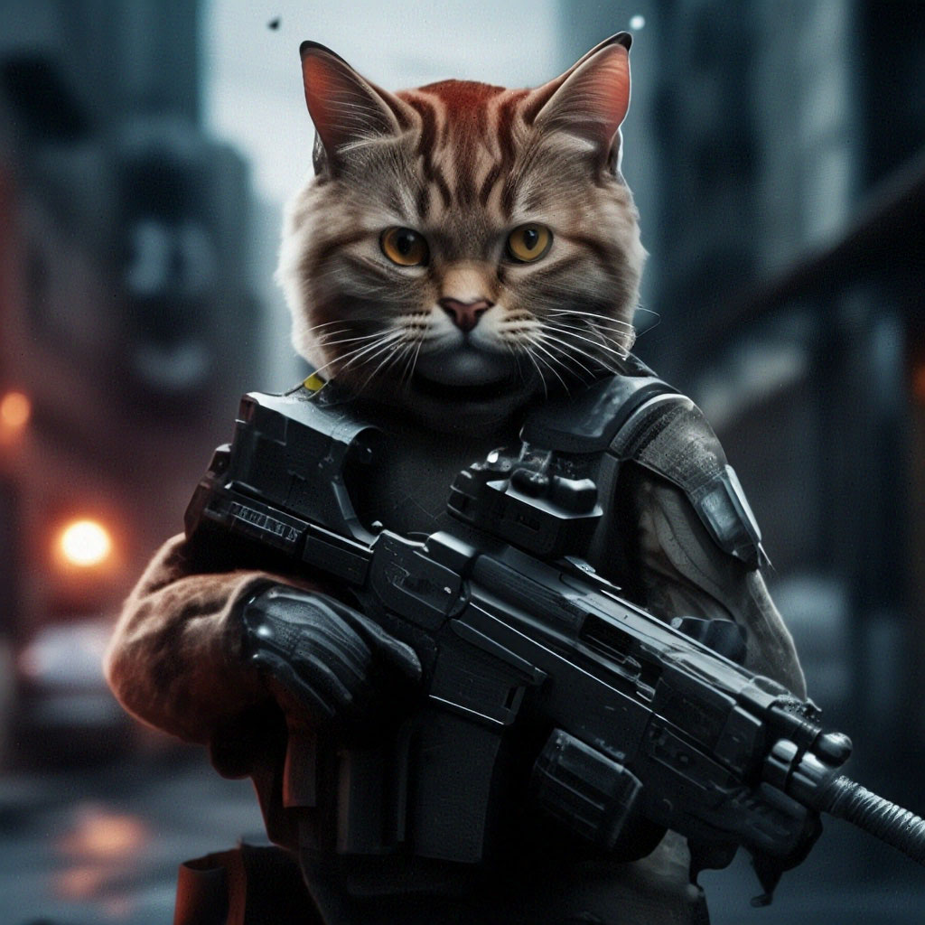 "Cyborg cat with AK 47" — image created in Shedevrum