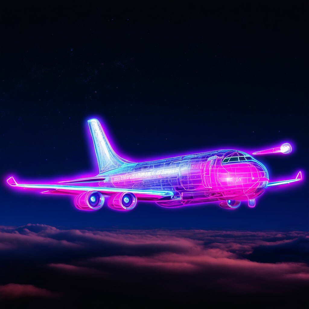 "Neon airplane in the night sky" — image created in Shedevrum