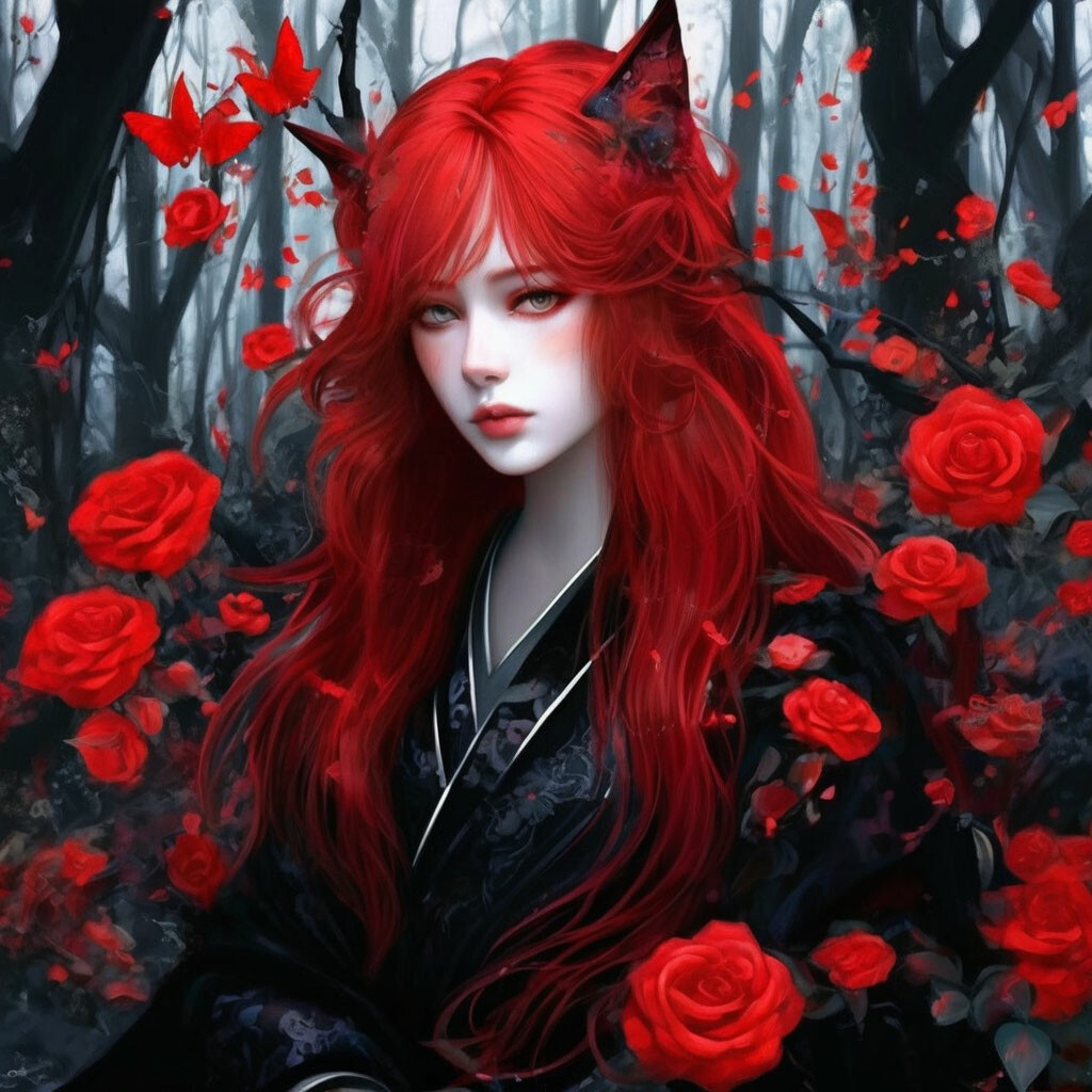 "♥️🖤🤍 Beautiful Kitsune, in a scarlet kimono, red long hair,in a ...