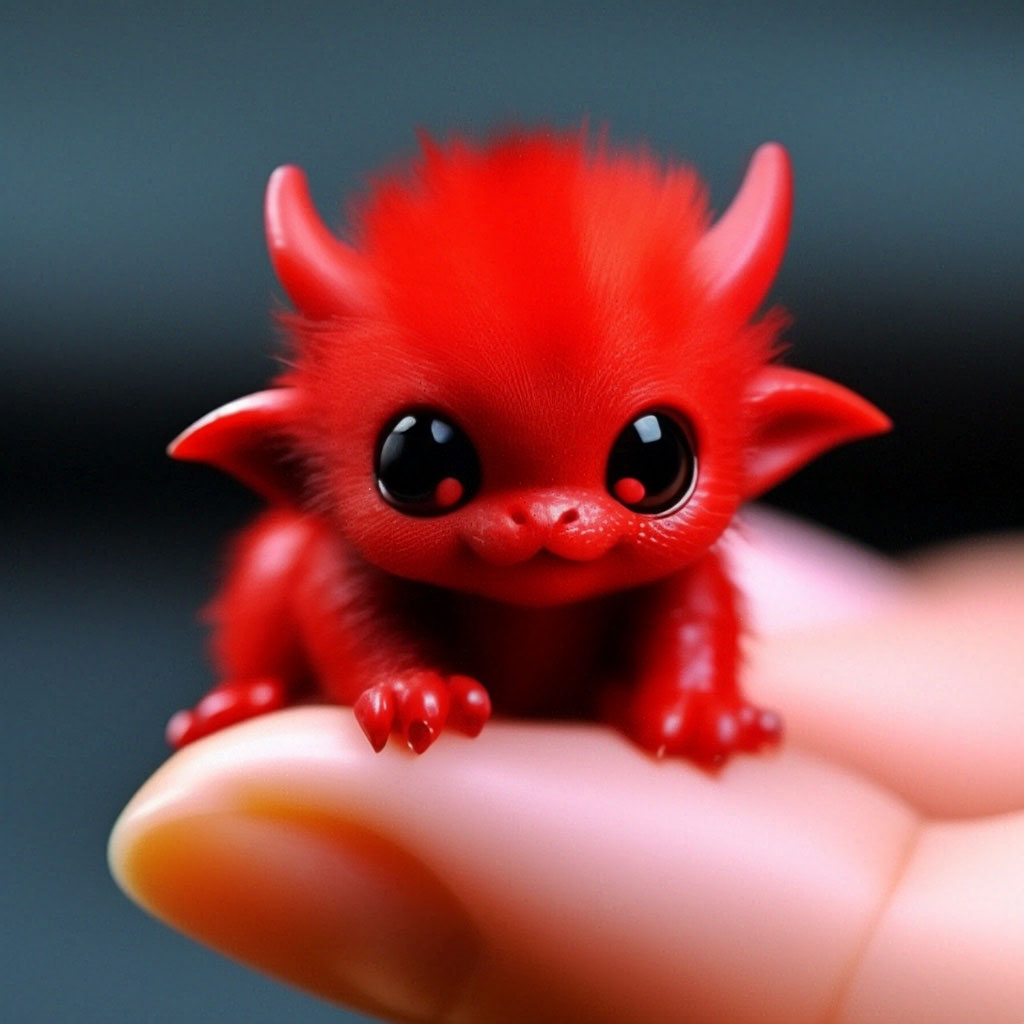small,tiny,cute, red demon sits on the tip of your finger,hyperrealism ...