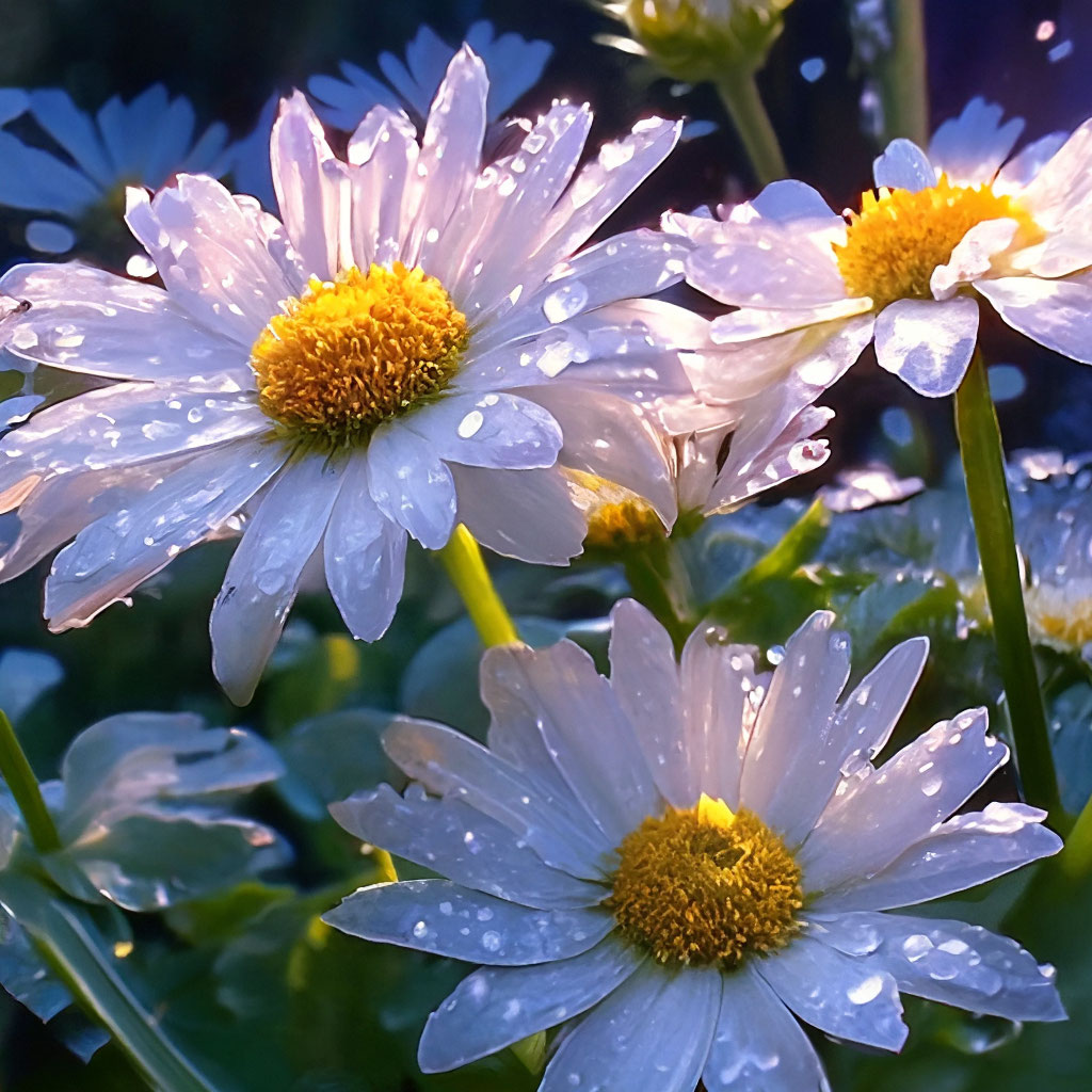 "Daisies in the garden, dew, dawn, translucent watercolor, botany ...