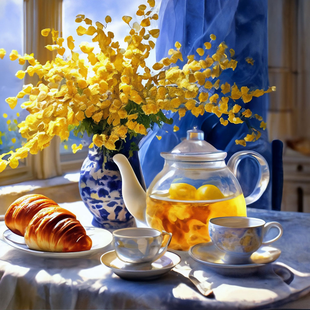 "🪄lm surrealism, morning , breakfast , croissant, transparent teapot ...