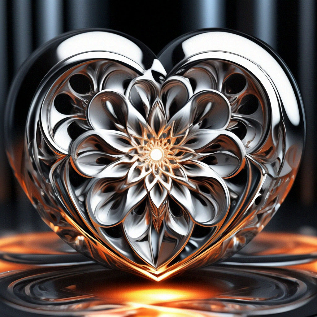 "Chrome heart flowers,thin white lines fractals,vortices,curls,spiral ...