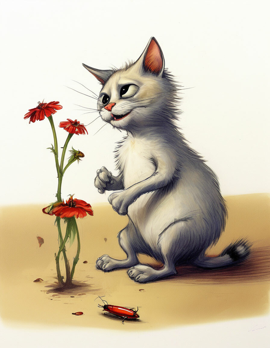 "A cat hunts a cockroach, dropped a flower Caricature, pencil, funny ...