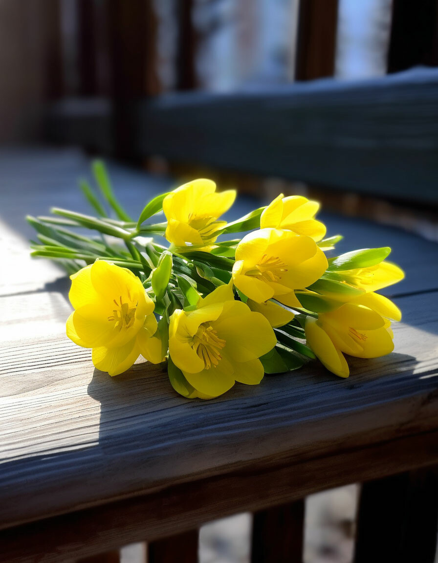 "A bouquet of yellow snowdrops lies on the porch railing ...