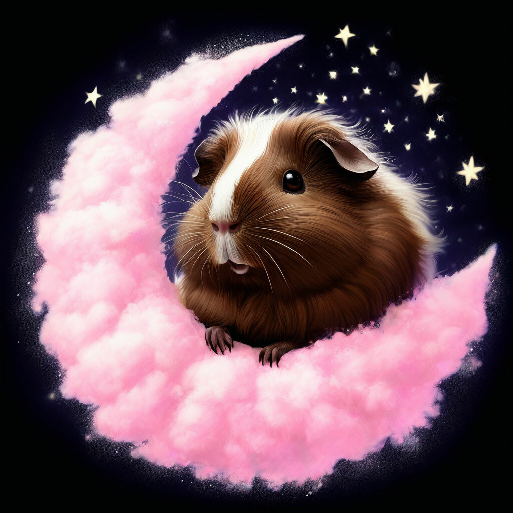 "Goodnight! hyperrealistic chocolate shaggy guinea pig in a crescent of ...