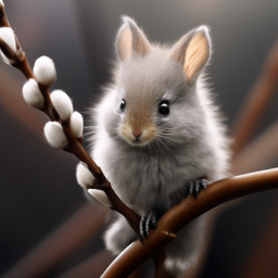 «Palm rabbits on a willow branch sit tiny round fluffy cute gray-white ...