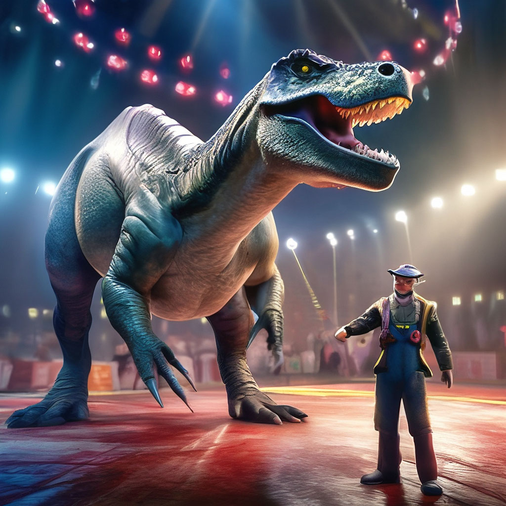 "Dinosaur in the circus arena, next to a trainer with a whip, bright ...