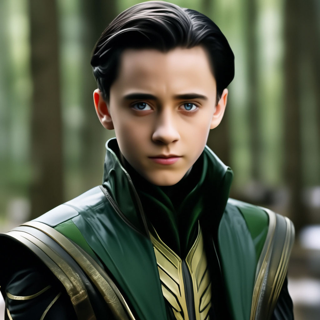 "Young Loki (with black hair) from the first movie" — image created in ...