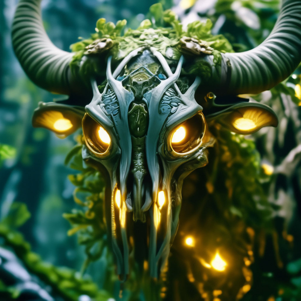 "🌿🌿🌿🌿🌿🌿🌿🌿🌿 close-up + alien mutant bull woven from bones and vegetation ...