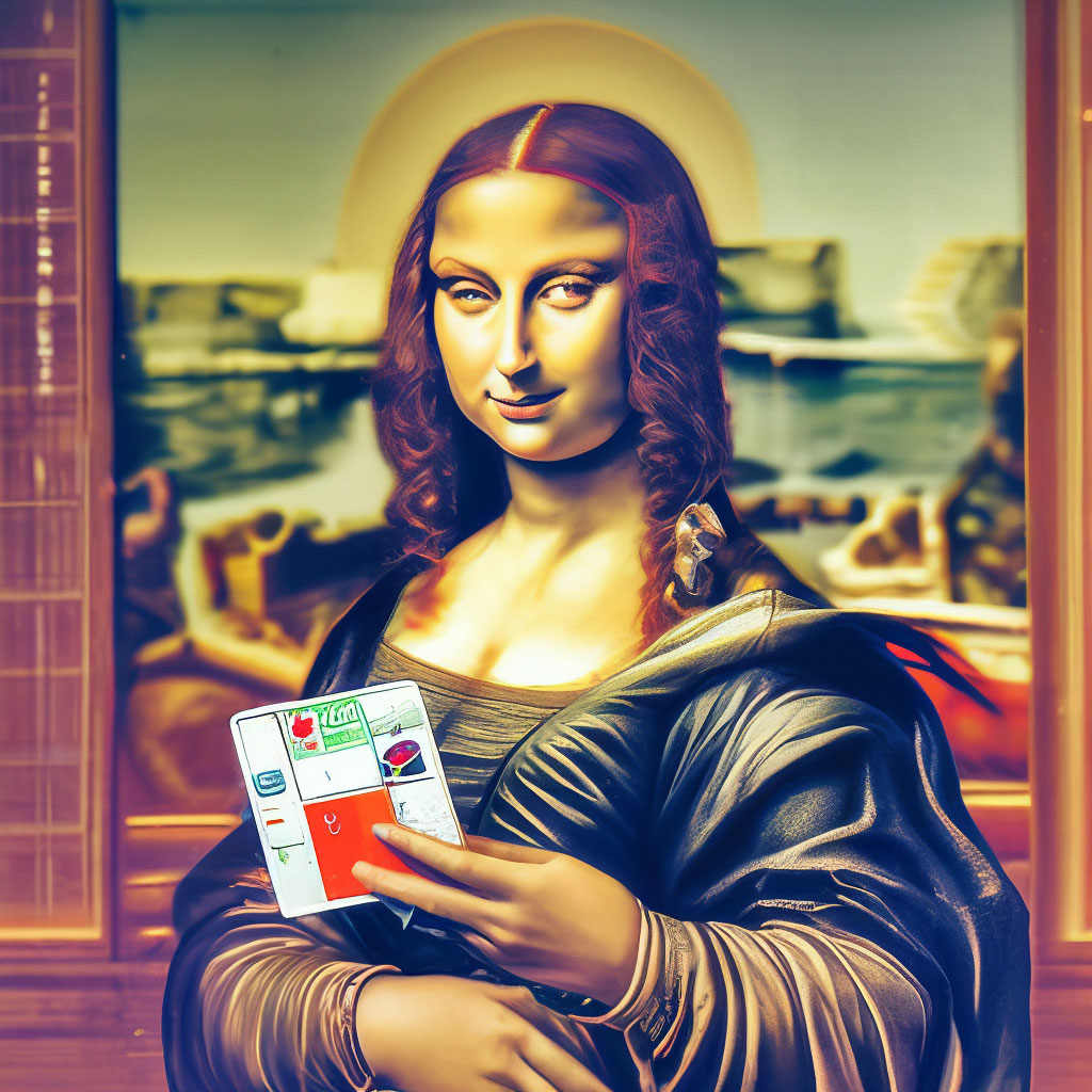 "Mona Lisa advertises VISA Mona Lina, holds a plastic VISA debit card ...