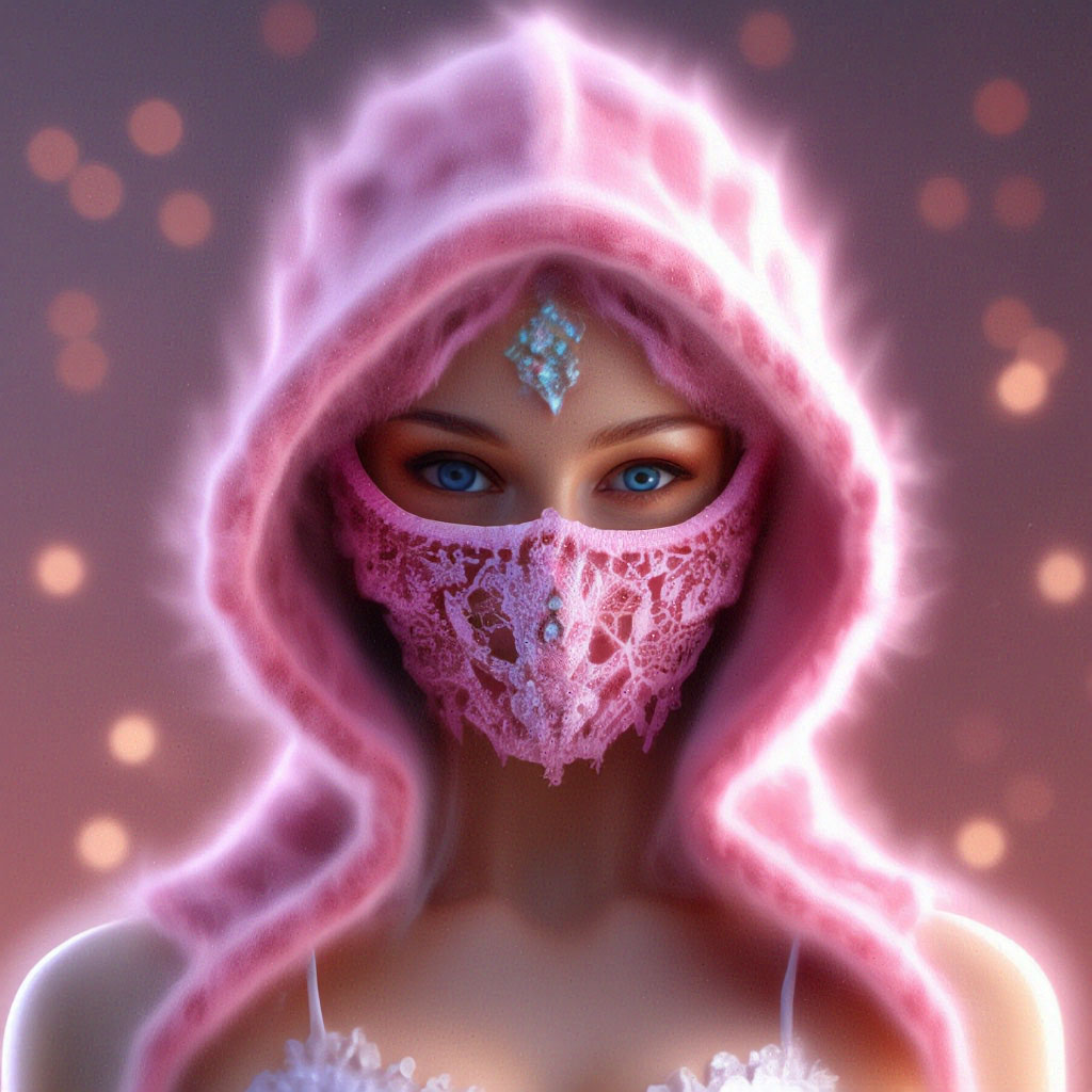 "ᅠ a girl in a pink lace floating mohair balaclava mask, bold look ...