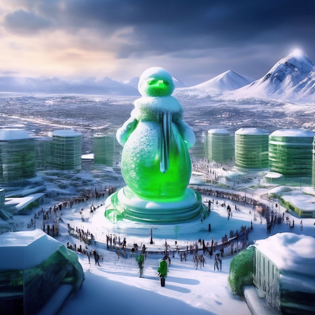 "Green city of the future, futurism, in the center an ice monument to a ...