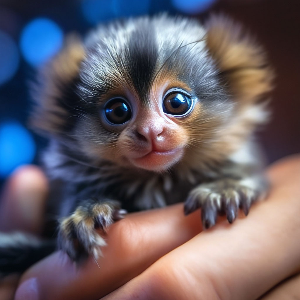 "🐹 Up close, a real little cute marmoset monkey, tiny, cute, dark ...