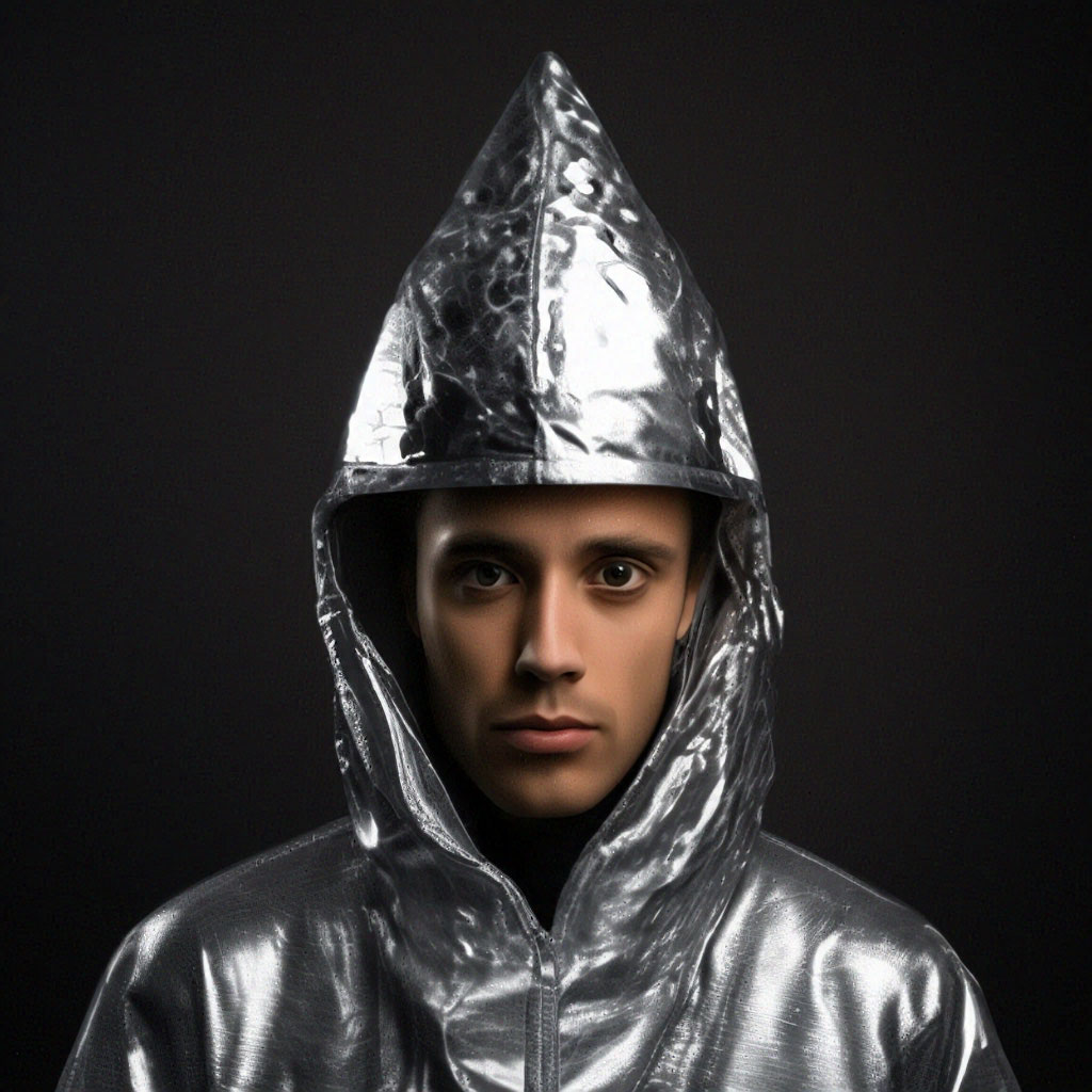 "Special foil hat for humans against aliens" — image created in Shedevrum