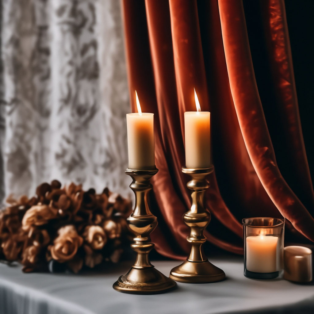 "Candles in candlesticks, velvet curtains" — image created in Shedevrum
