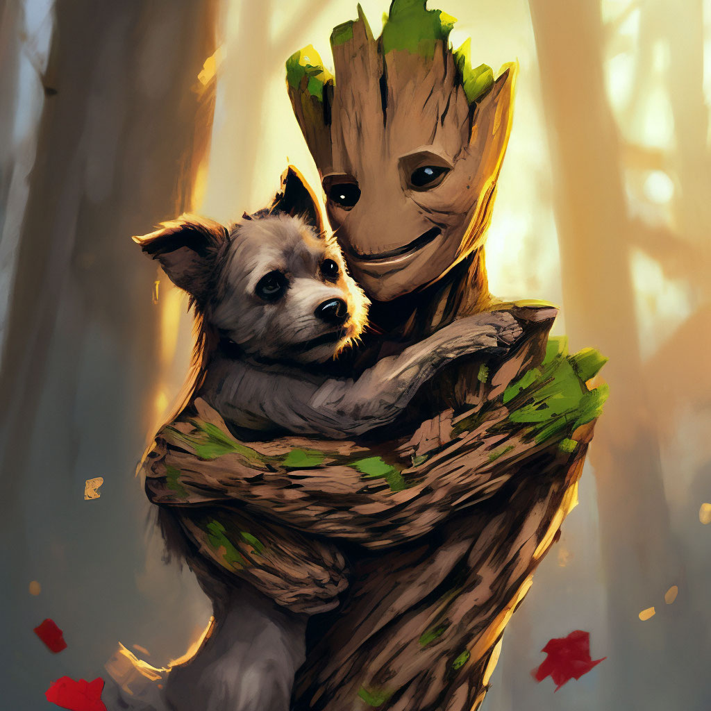 "The mutt hugs Groot" — image created in Shedevrum