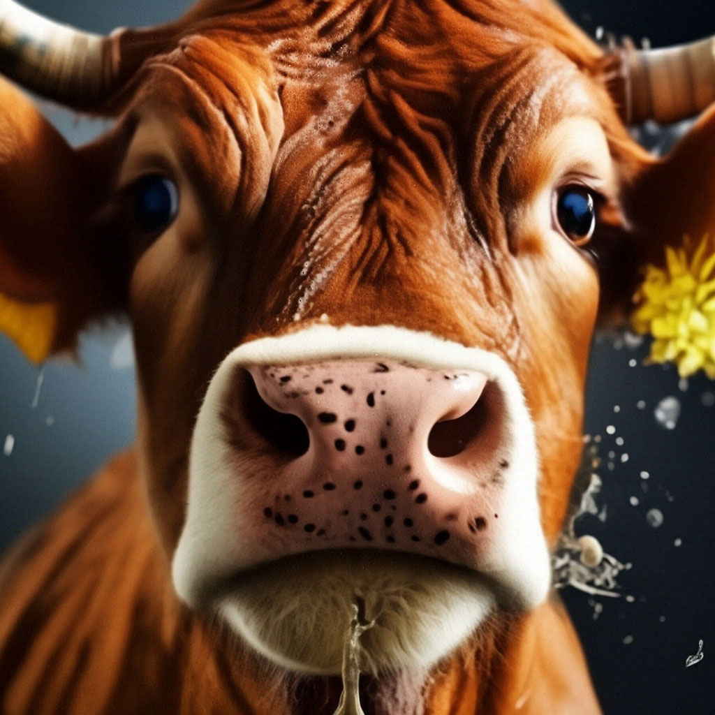 "Muzzle close-up, charming cow with crooked horns and a daisy in her ...