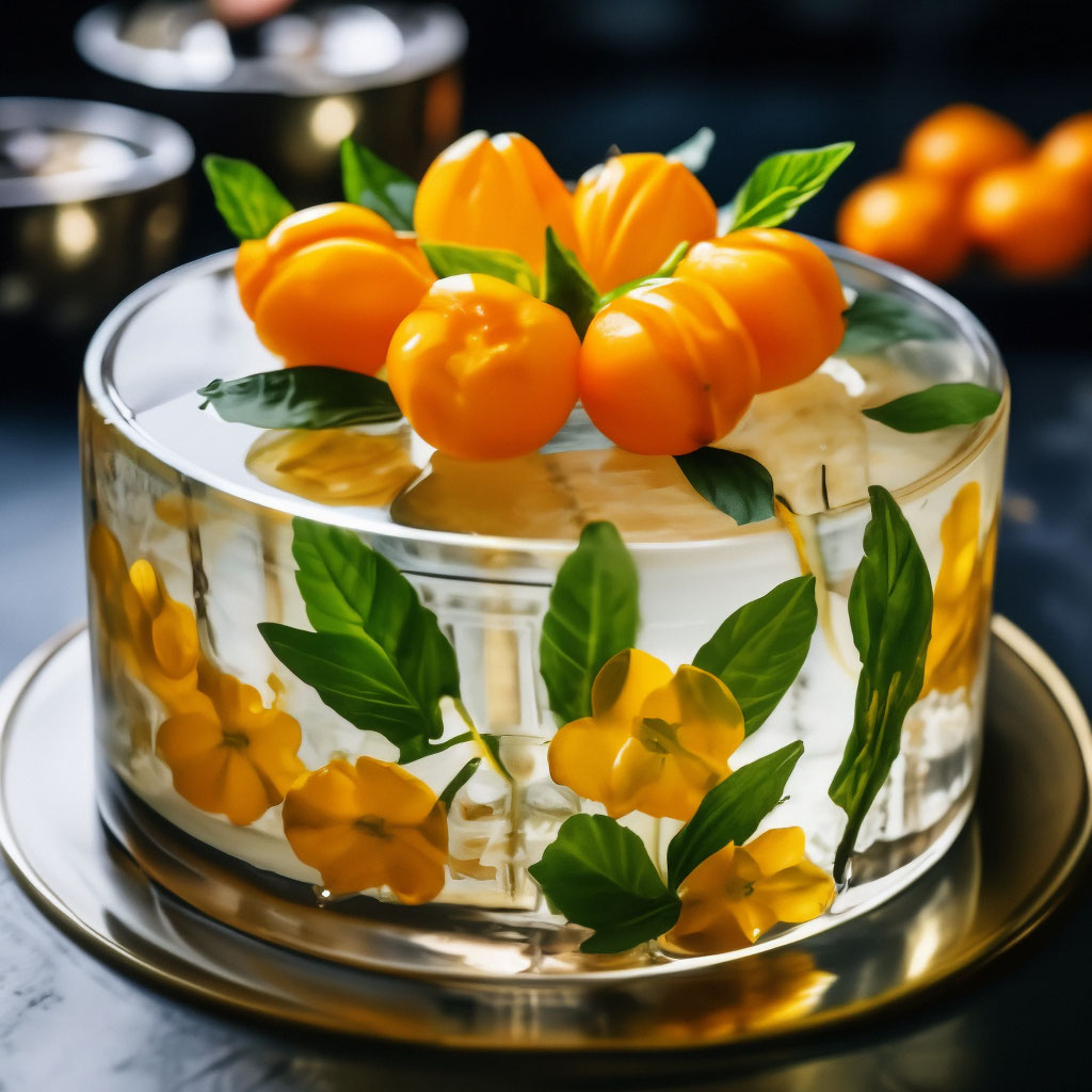 "A cake made of transparent epoxy resin, physalis flowers and kumquat ...