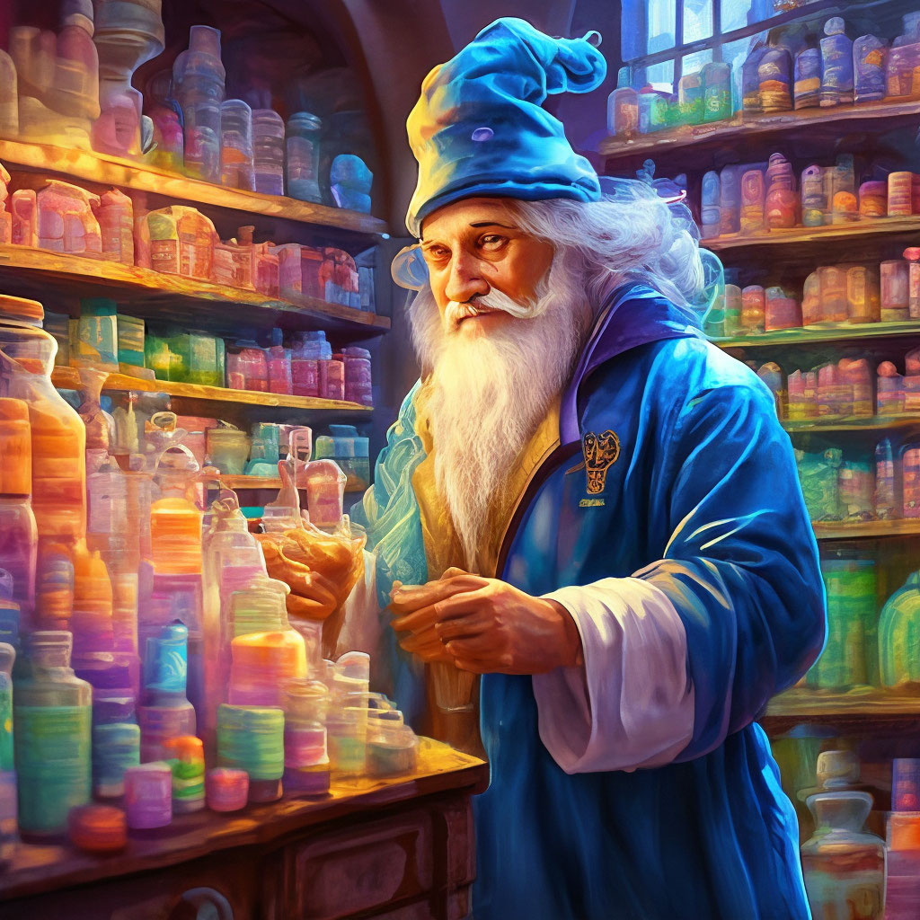 "Magic pharmacy pharmacist wizard" — image created in Shedevrum