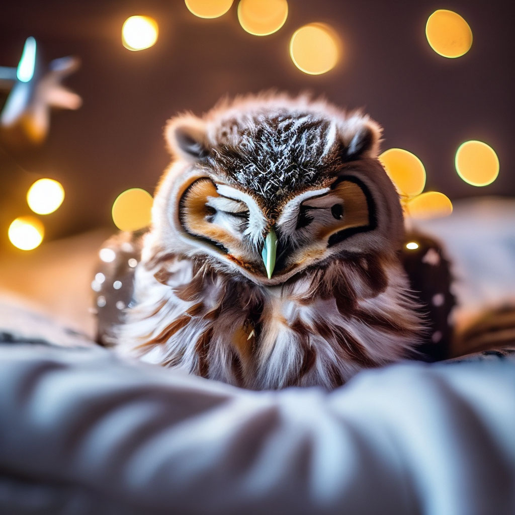 "Good morning, everyone! Sleepy and fluffy owl in a cap with stars and ...