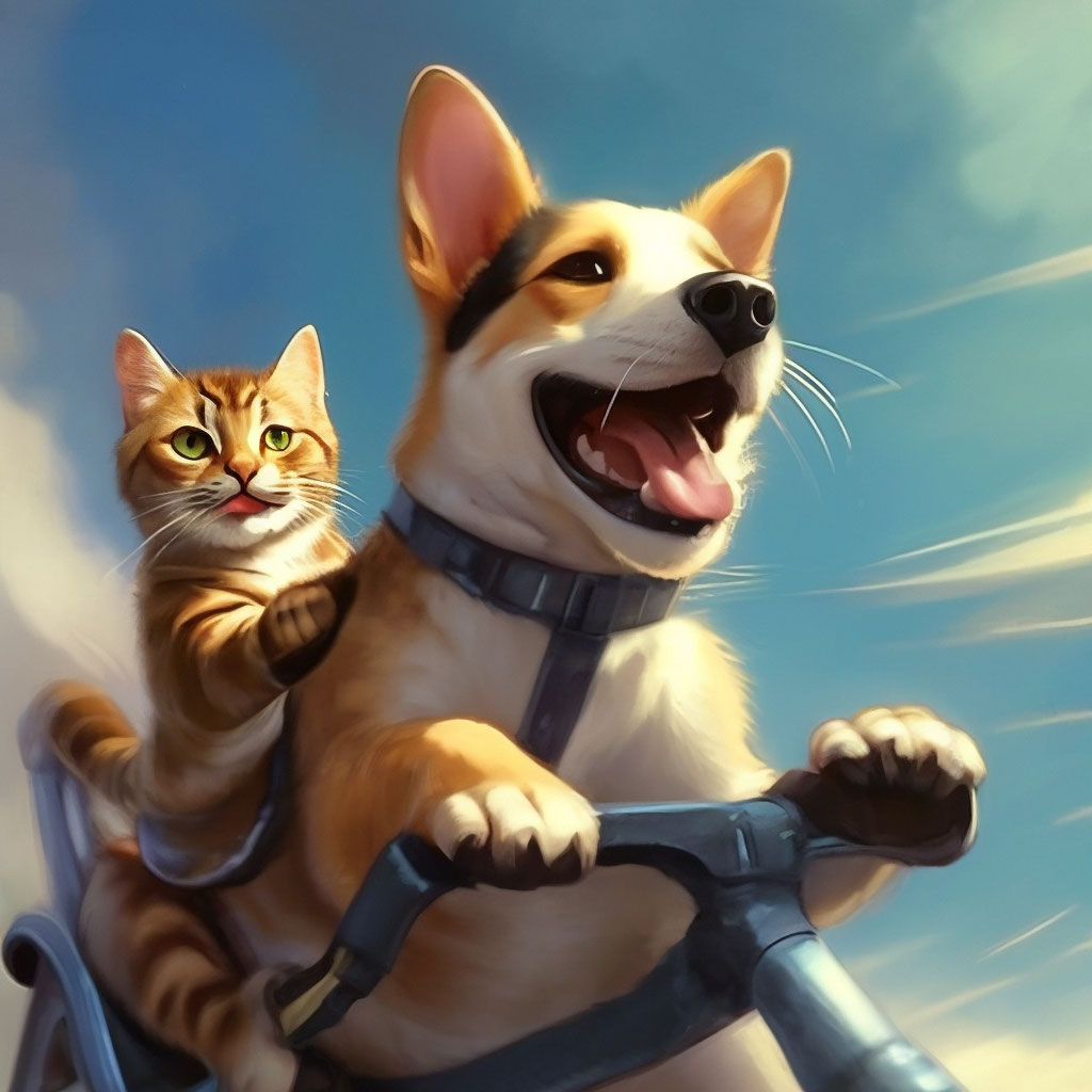 "Happy cat riding a dog, high quality, clear drawing, detail, realism ...