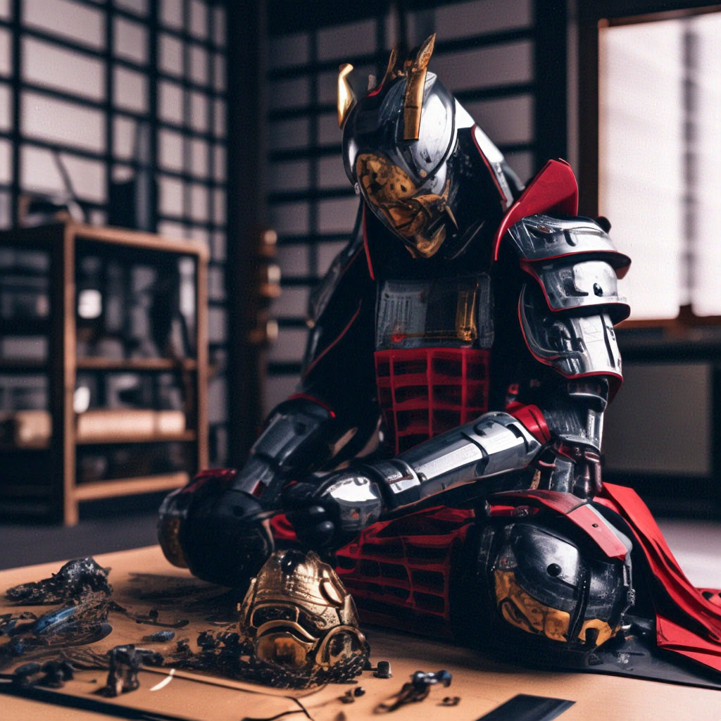 "A Japanese samurai in armor is assembling a cyborg piece by piece ...