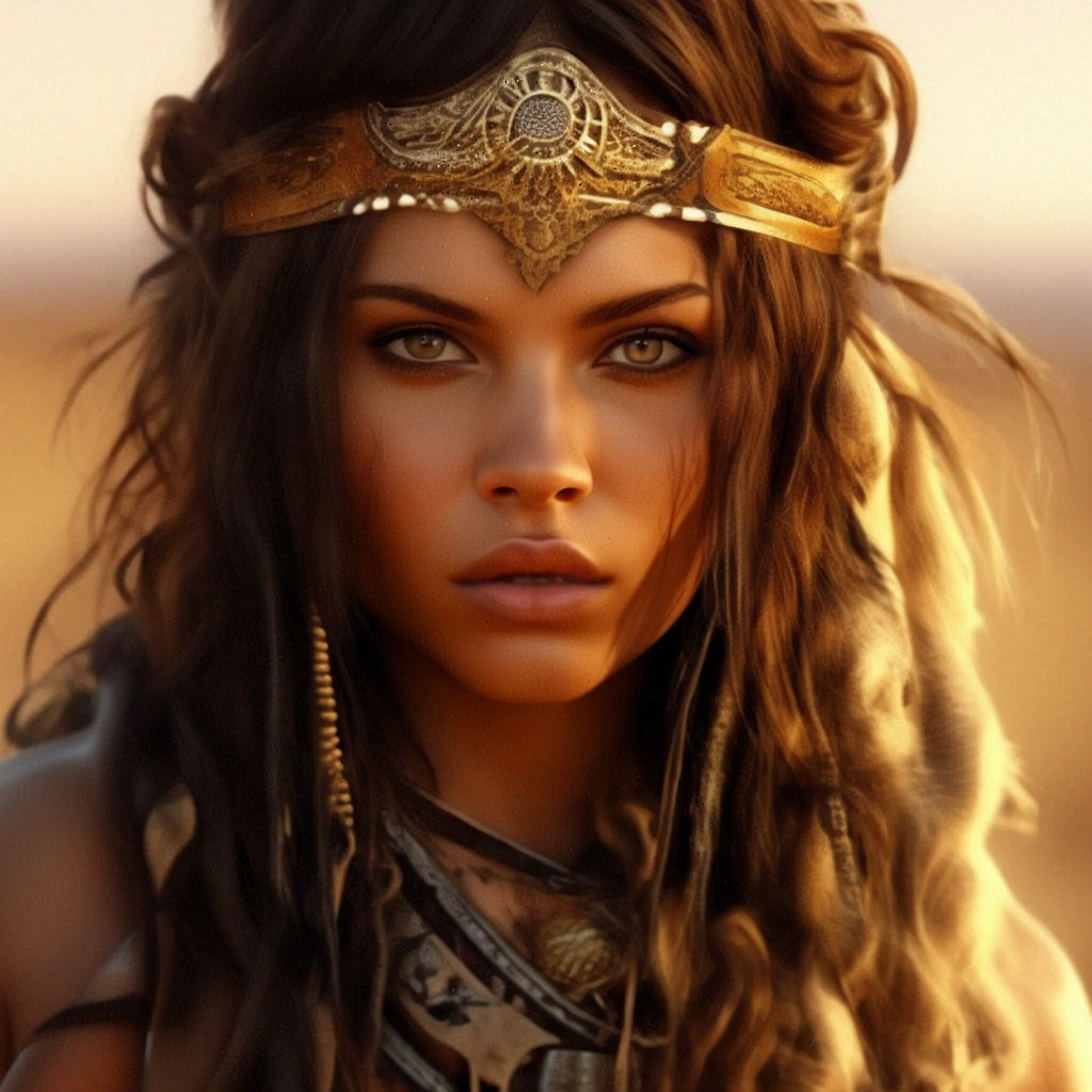 "Hyperrealism, lioness soft fur in the desert, Zena warrior princess ...