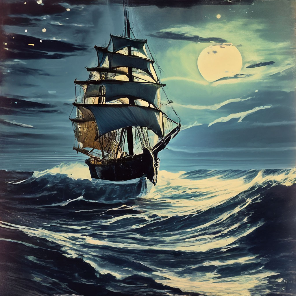 "Night at the sea.strong wind and a brigantine with swollen sails ...