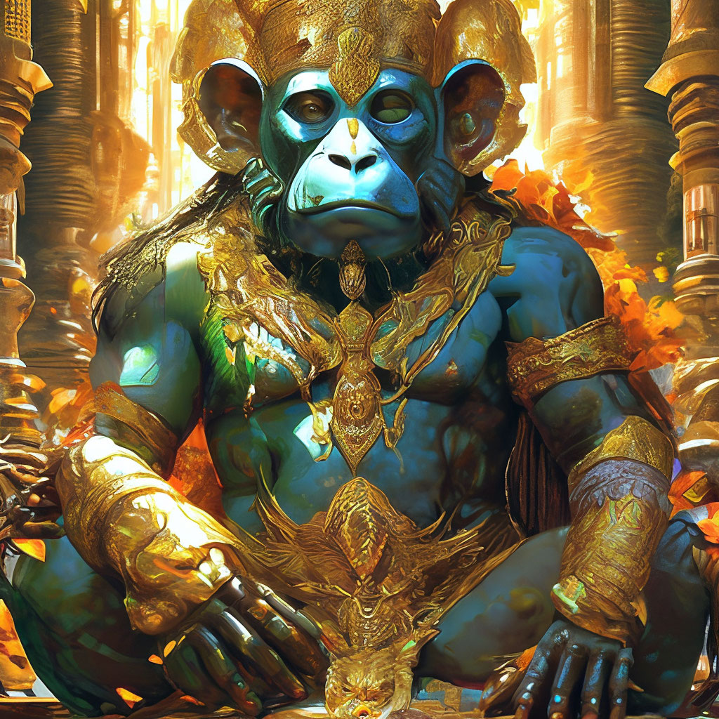 "Hanuman, human body, monkey head, Indian face, on a throne in an ...