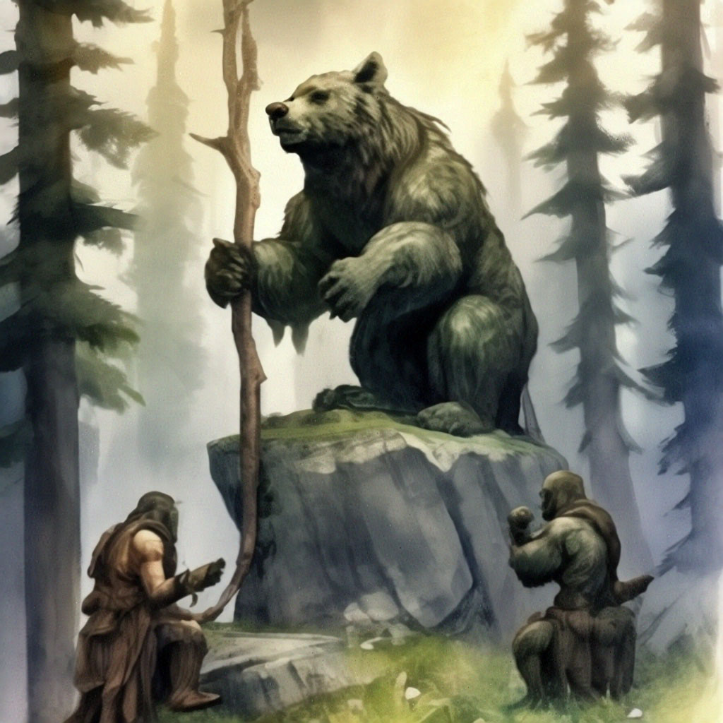 "Orcs worship a statue of a wooden totem of a bear on a hill, a ...