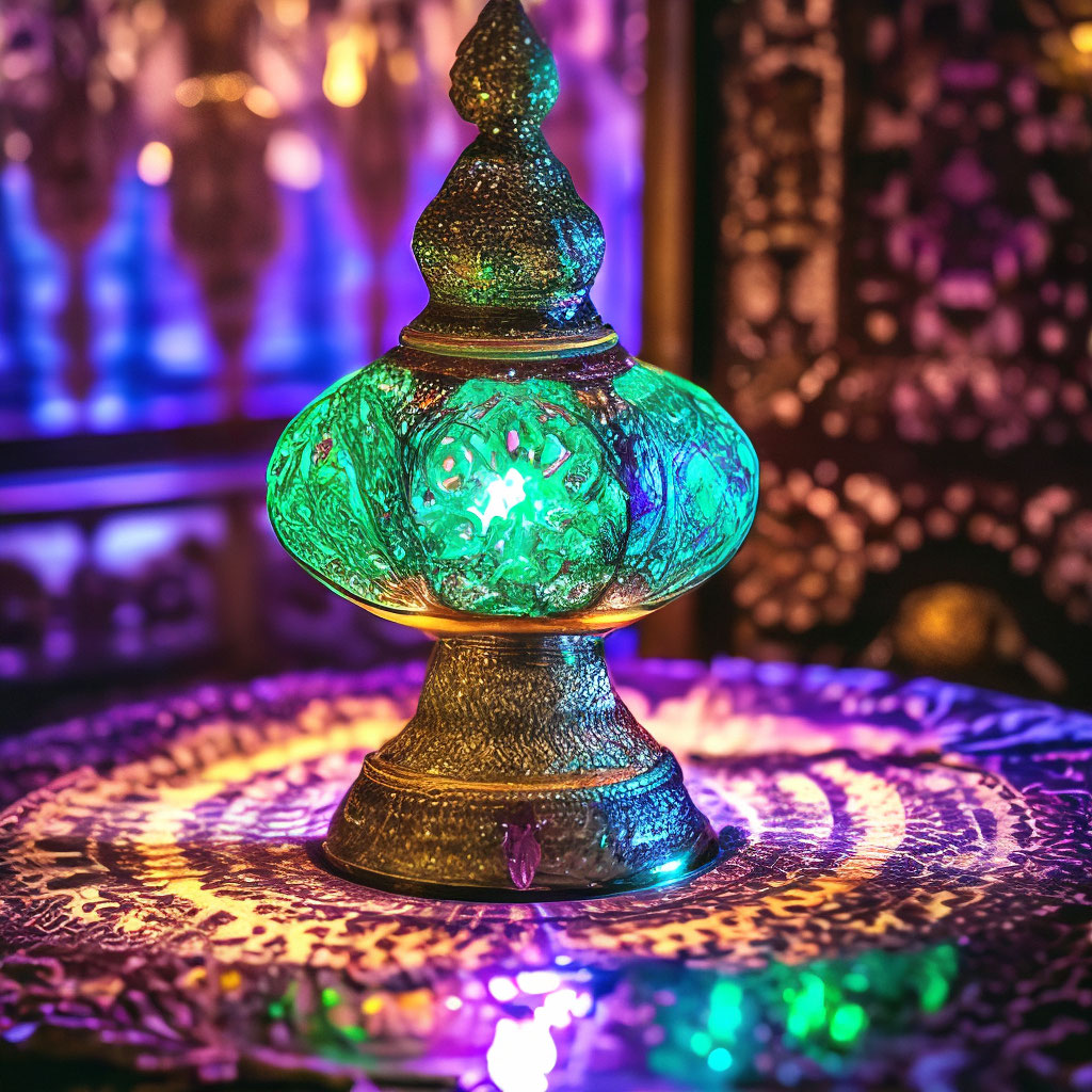 "An antique table. There is a magic lamp on it covered with an ...