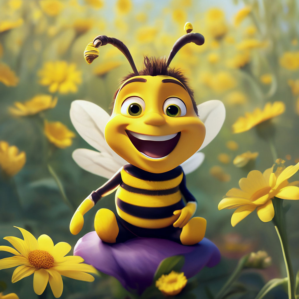 "A funny anthropomorphic bee sits on a yellow flower and smiles ...