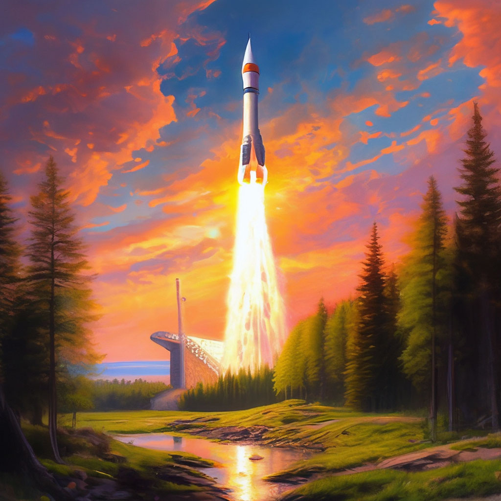 "Pelenna over the edge of the cosmodrome,rocket launch,spring forest ...